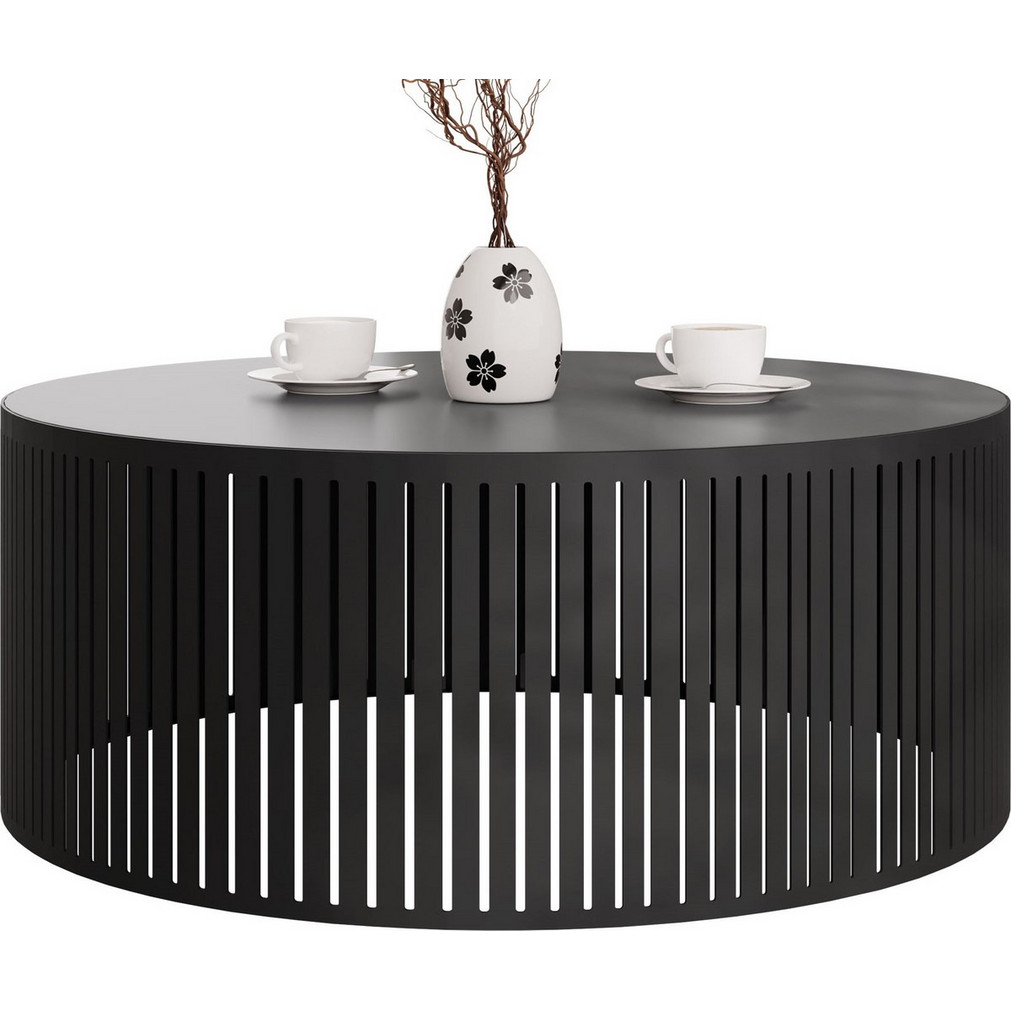 PoliHome Velede Τραπεζάκι Σαλονιού Στρογγυλό Μαύρο MDF με Ξύλινη Βάση ...