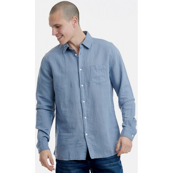 Funky Buddha Ανδρικό Πουκάμισο Λινό Μακρυμάνικο Κανονική Γραμμή Μπλε ...