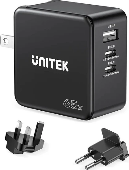 Unitek P1117B Φορτιστής χωρίς Καλώδιο με Θύρα USB-A & 2 Θύρες USB-C 65W ...