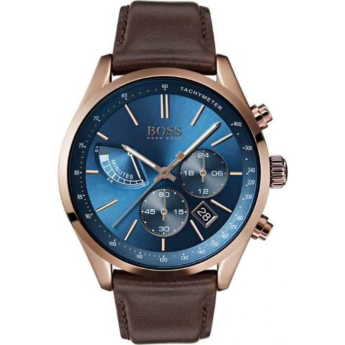 Hugo Boss Grand Prix Ανδρικό Ρολόι Χρονογράφος με Καφέ Δερμάτινο ...