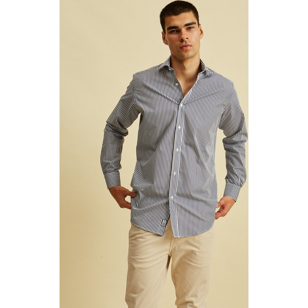 Dors Ανδρικό Πουκάμισο Βαμβακερό Ριγέ Μακρυμάνικο Κανονική Γραμμή Μπλε ...