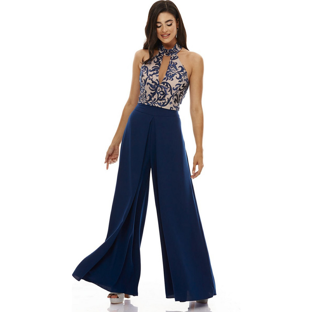 Rich Girl Boudoir Ψηλόμεση Υφασμάτινη Γυναικεία Παντελόνα Loose Εφαρμογή Καμπάνα Navy Μπλε ...