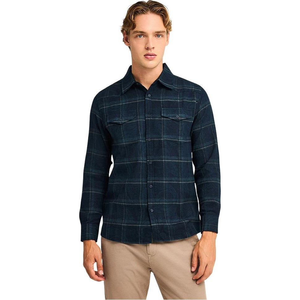 Funky Buddha Ανδρικό Πουκάμισο Βαμβακερό Καρό Μακρυμάνικο Κανονική Γραμμή Navy Μπλε FBM012-031 ...