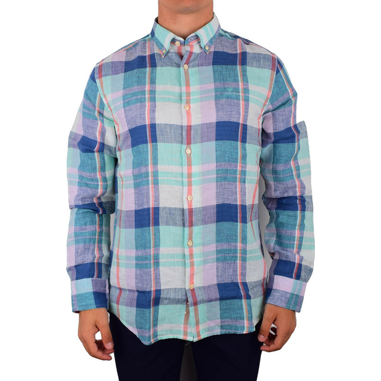 Gant Ανδρικό Πουκάμισο Λινό Καρό Μακρυμάνικο Κανονική Γραμμή Μπλε ...