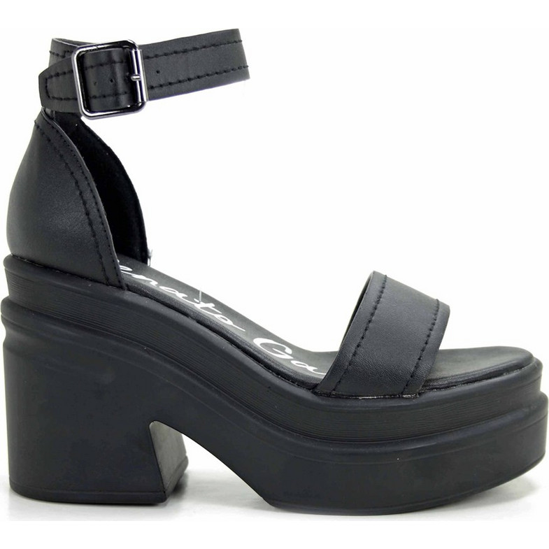 Renato Garini Γυναικεία Πέδιλα Δερμάτινα Μαύρα με Χοντρό Ψηλό Τακούνι ...