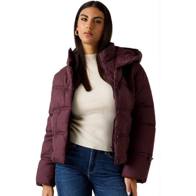 Guess Daisy Γυναικείο Μπουφάν Χειμωνιάτικο Puffer Μακρύ Μπορντό ...