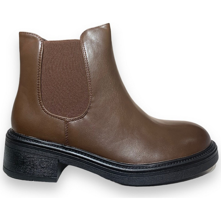 Famous Γυναικεία Μποτάκια Chelsea Δερμάτινα Καφέ με Χοντρό Χαμηλό ...