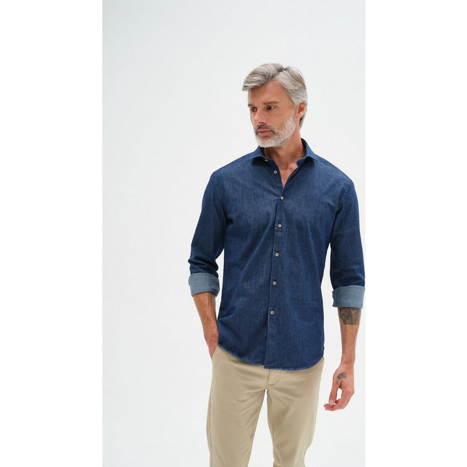 Portobello's Ανδρικό Πουκάμισο Τζιν Μακρυμάνικο Κανονική Γραμμή Navy ...