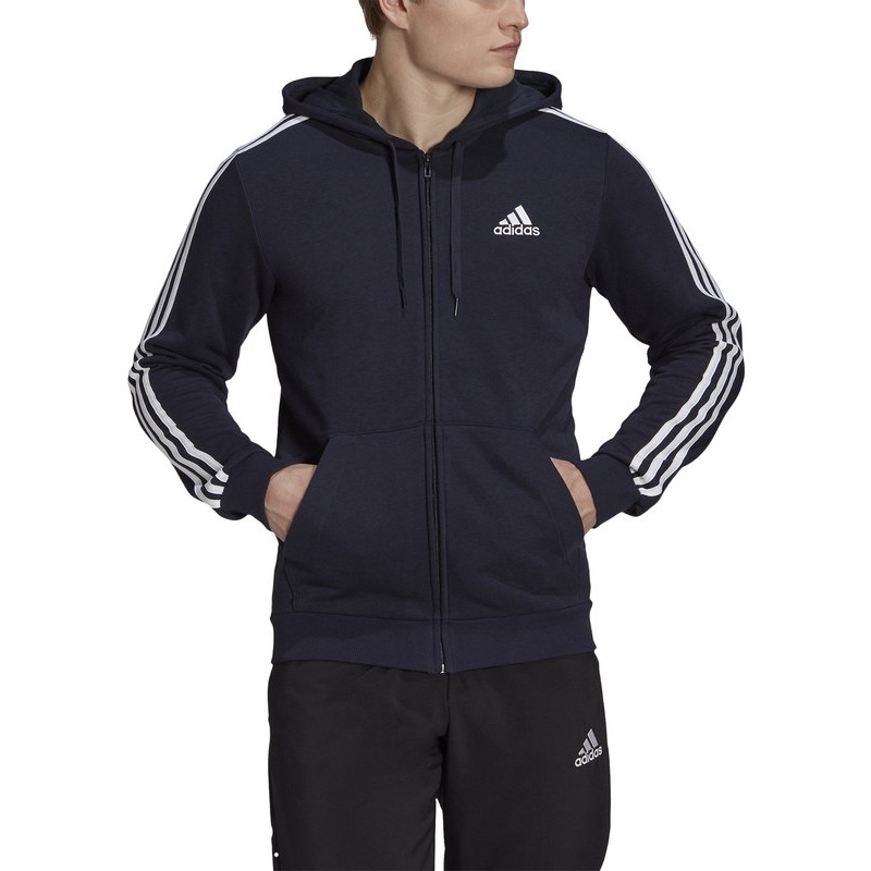 Adidas Essentials French Terry 3-Stripes Ανδρική Ζακέτα Φούτερ με Κουκούλα και Φερμουάρ Μαύρη ...