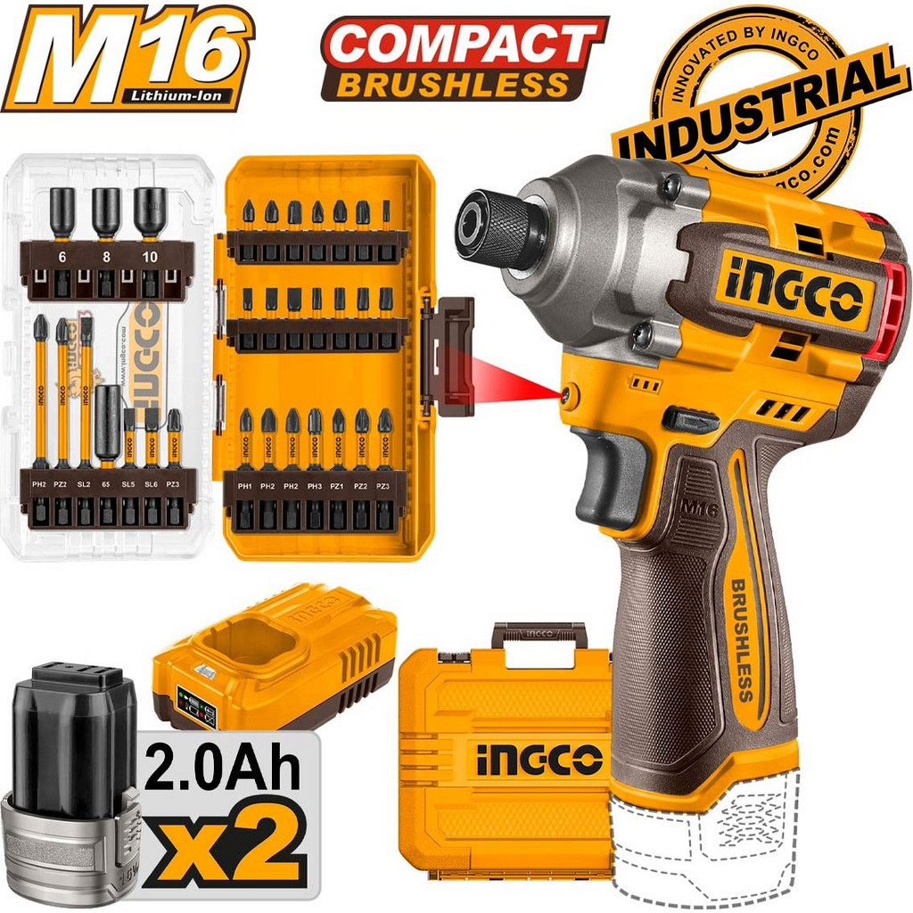 Ingco COSLI241083E Παλμικό Κατσαβίδι Μπαταρίας Brushless 16V 2x2Ah ...
