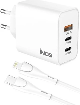iNOS Φορτιστής με Καλώδιο Lightning με Θύρα USB-A & 2 Θύρες USB-C 65W ...