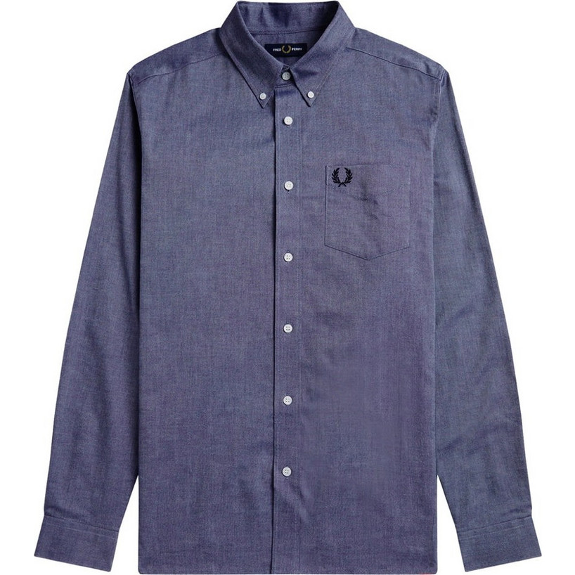 Fred Perry Ανδρικό Πουκάμισο Βαμβακερό Μακρυμάνικο Φαρδιά Γραμμή Navy ...