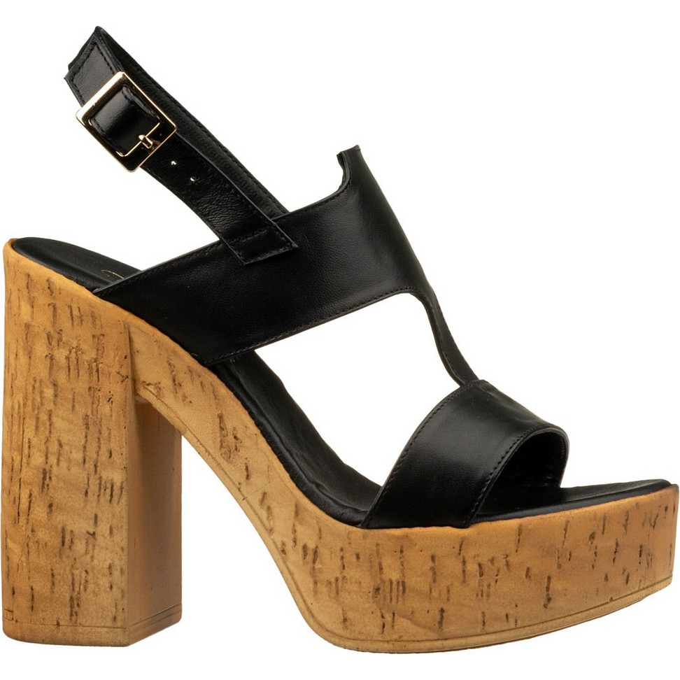 Carad Γυναικεία Πέδιλα Δερμάτινα Μαύρα με Χοντρό Ψηλό Τακούνι και Φιάπα ...