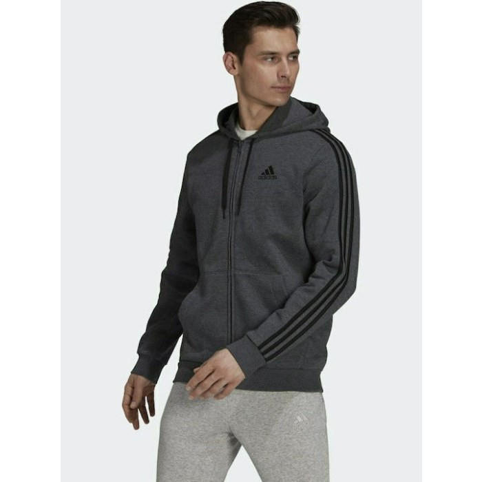 Adidas Essentials 3-Stripes Ανδρική Ζακέτα Fleece με Κουκούλα και Φερμουάρ Ανθρακί HB0042 ...