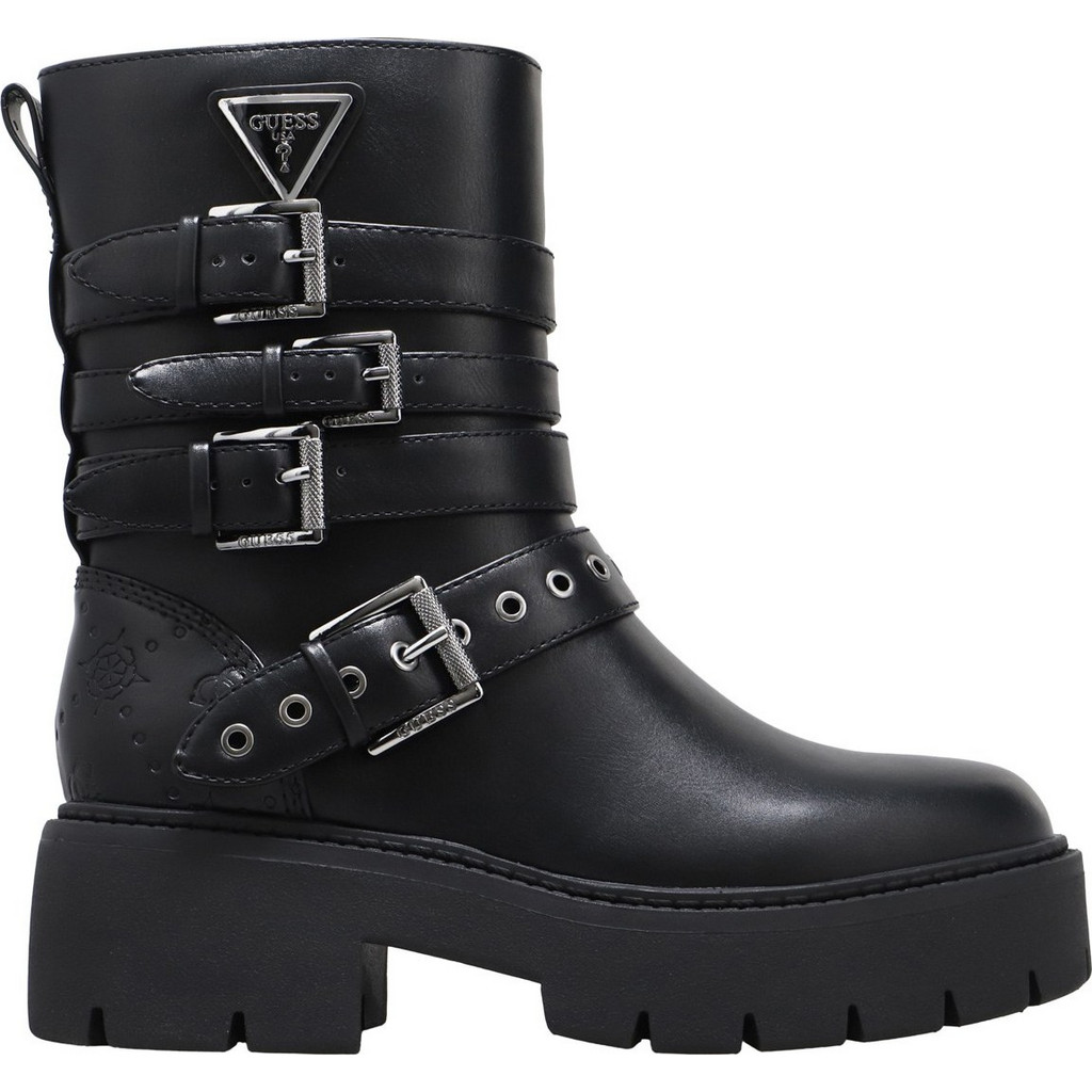 Guess Γυναικεία Μποτάκια Biker Δερμάτινα Μαύρα Ασημί με Χοντρό Χαμηλό ...