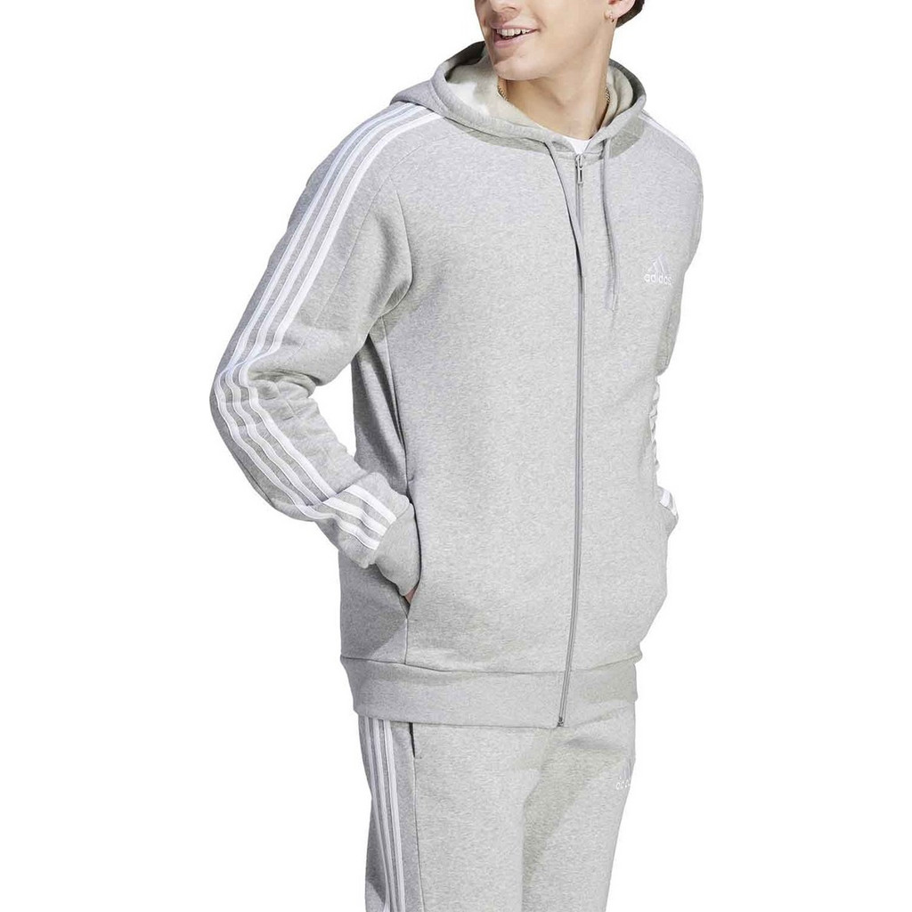Adidas Essentials 3-Stripes Ανδρική Ζακέτα Fleece με Κουκούλα και Φερμουάρ Γκρι IJ6479 ...