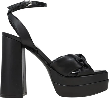 Nine West Γυναικεία Πέδιλα Δερμάτινα Μαύρα με Χοντρό Ψηλό Τακούνι και ...
